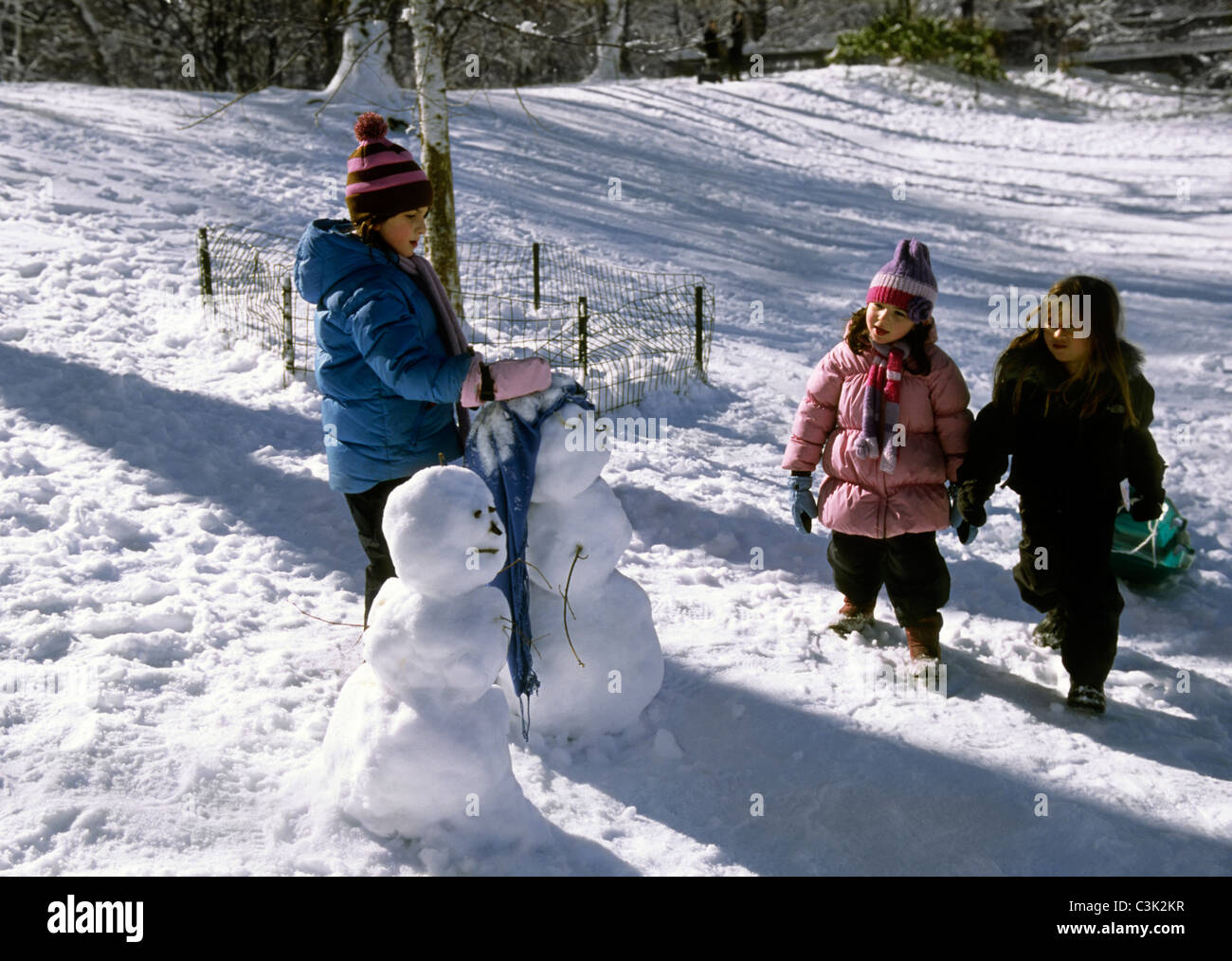 USA, New York City, Central Park. Children playing in the snow building ...