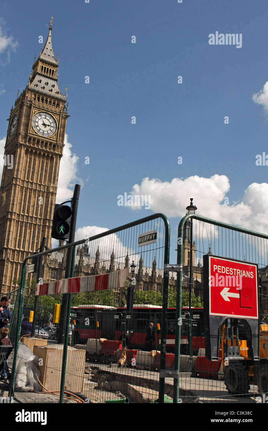 Roadworks in Westminster, London, England with The Houses of Parliament ...
