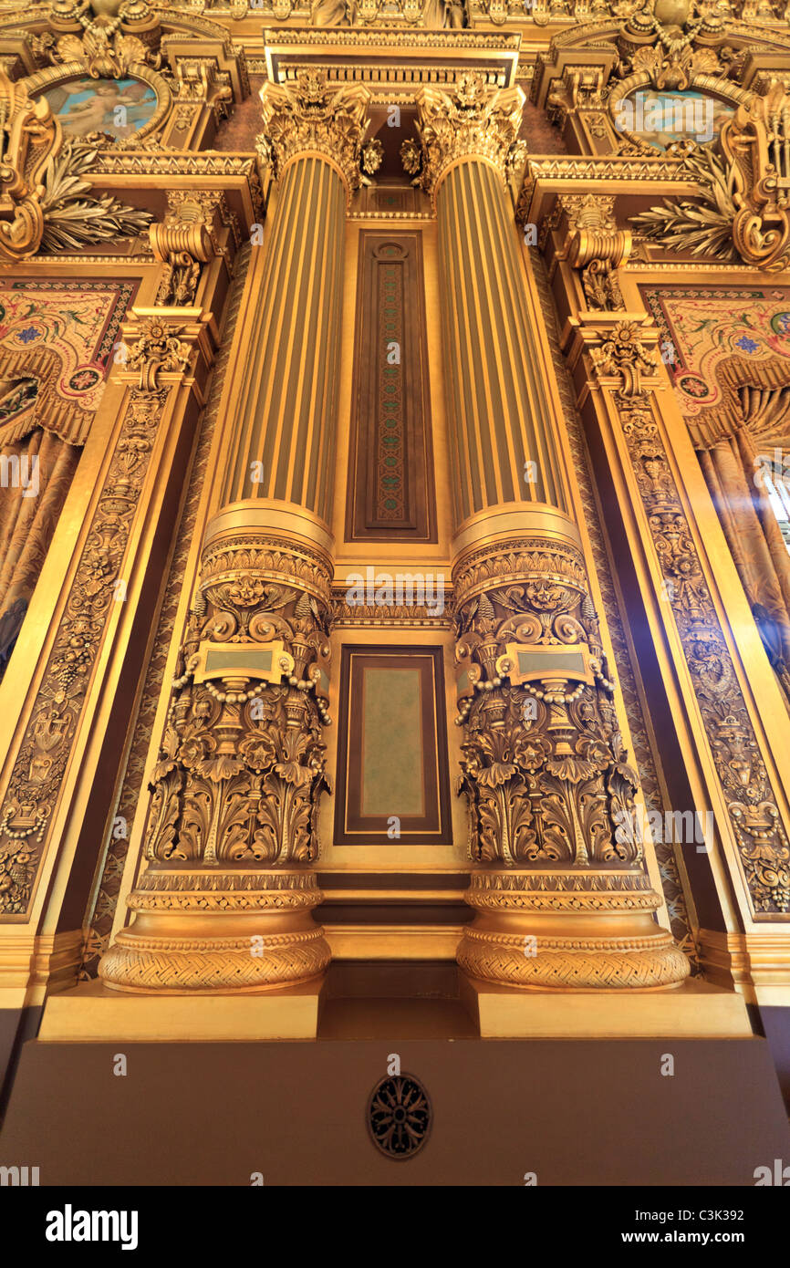 Detail of the ornate columns in the Grand Foyer at the Opera Garnier ...