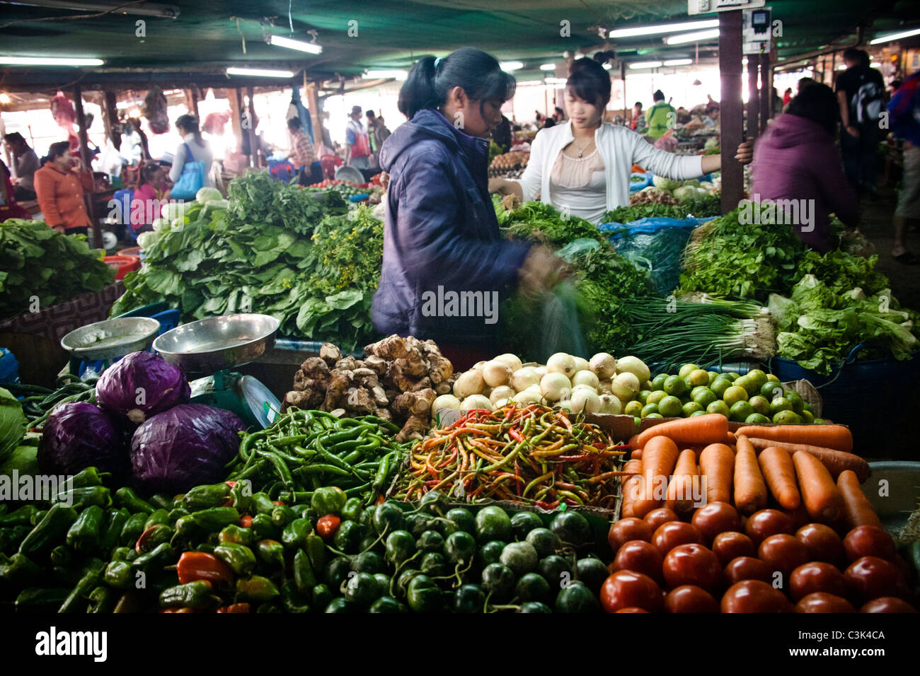 Women working in vegetable stalls at traditional food market, Phonsavan ...