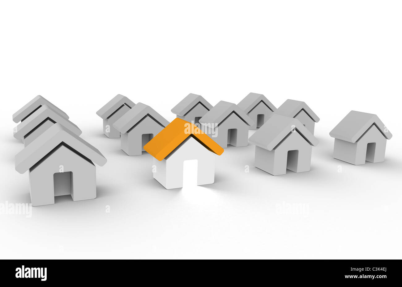 Home. Row of Houses. One House Orange and with light coming out of the ...