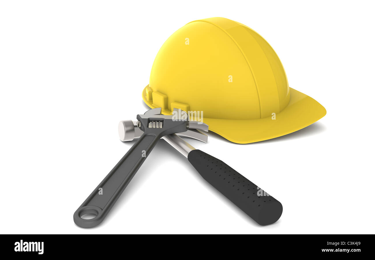 Hard Hat and tools. Yellow Hard Hat with tools. A Wrench and a Hammer ...