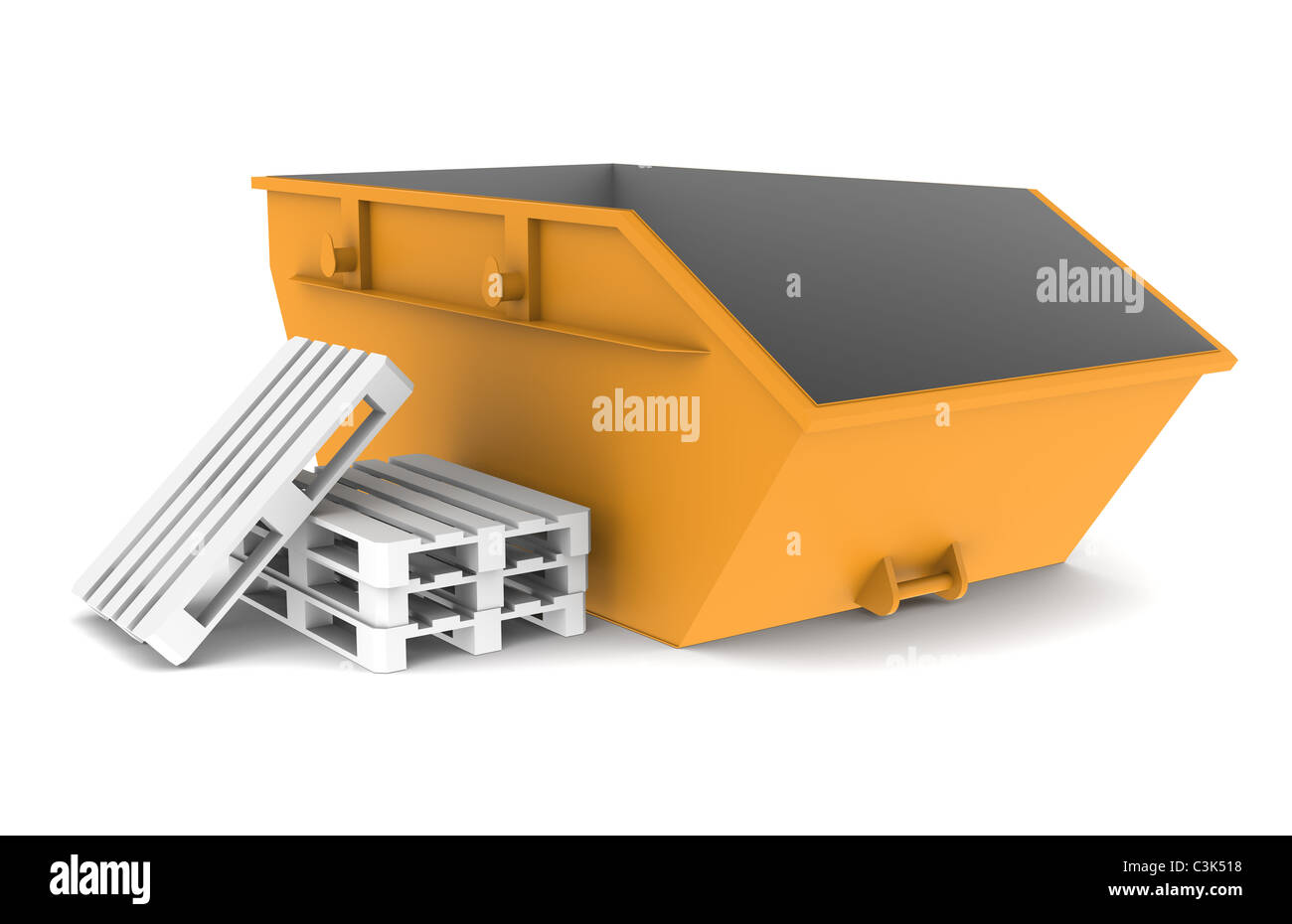Skip. Skip, Orange with some pallets. Isolated on white. Part of a ...