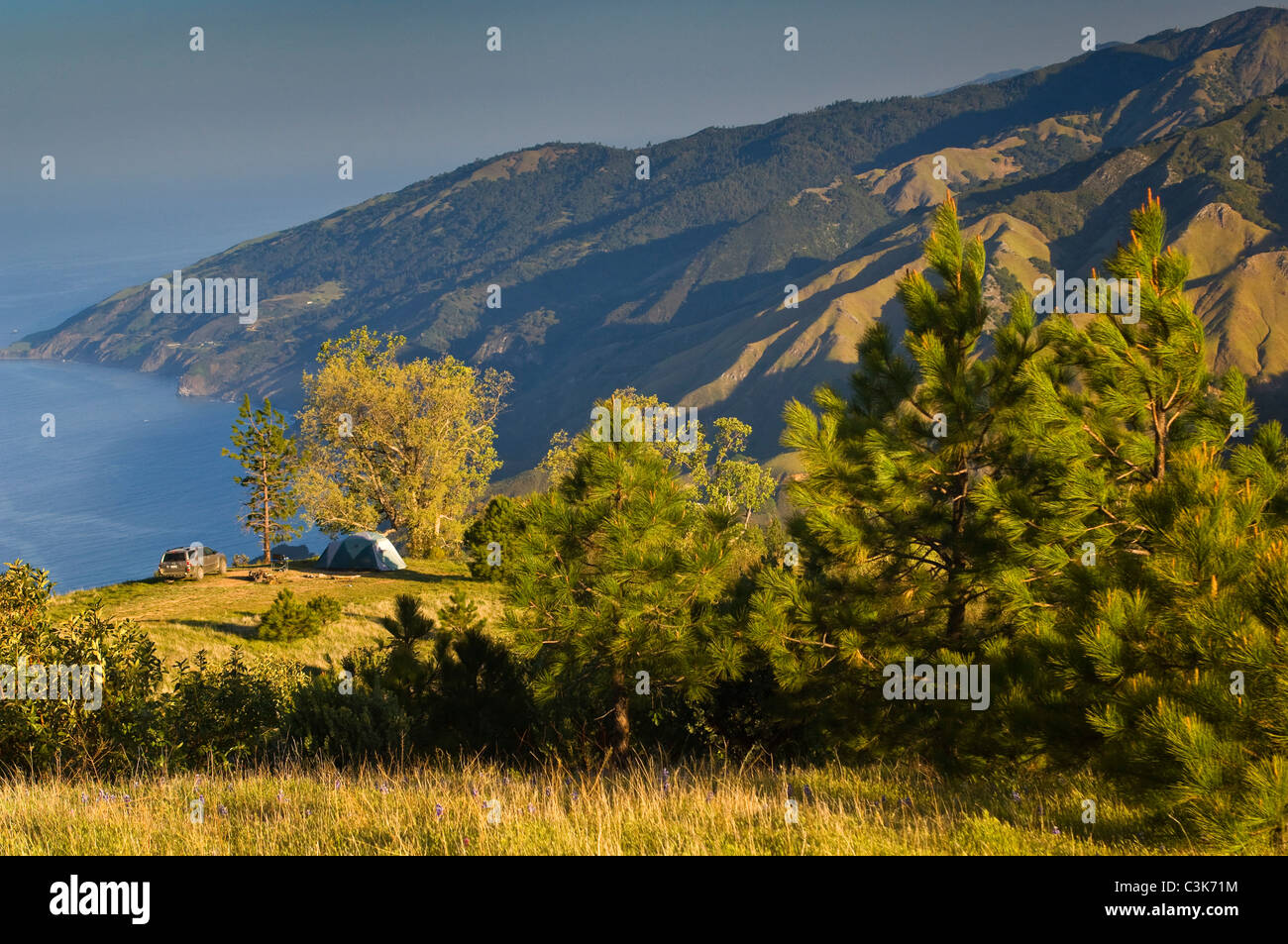 Camping in Spring on ridge in hills over the ocean, Ventana Wilderness ...