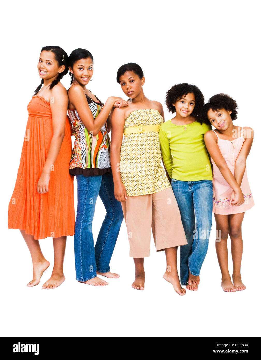 Portrait of five friends standing together isolated over white Stock ...