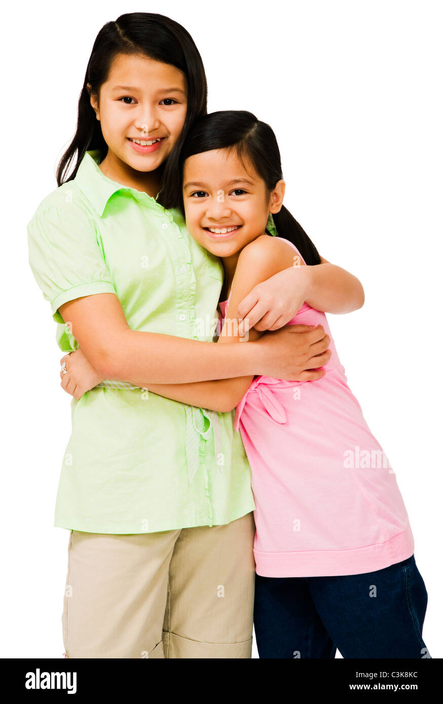 Children hugging each other and smiling isolated over white Stock Photo ...