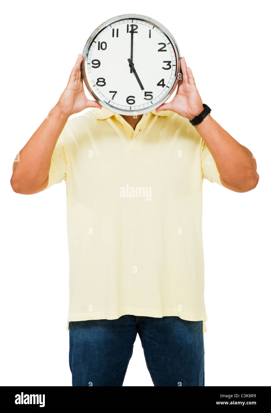 Man hiding his face with a clock isolated over white Stock Photo - Alamy