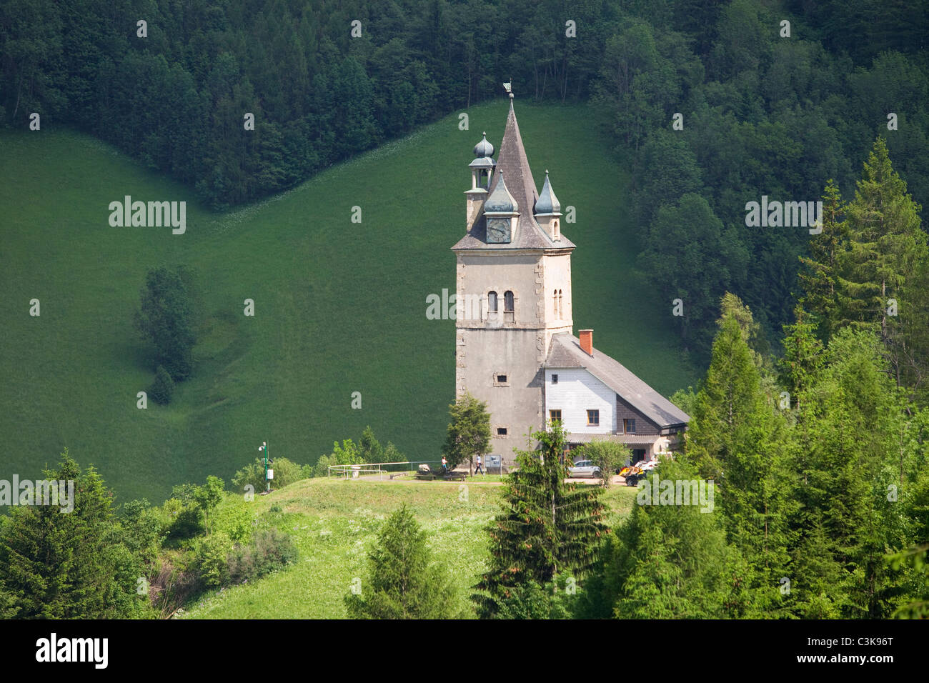 Austria, Styria, Eisenerz, Schichtturm, View of building with trees ...