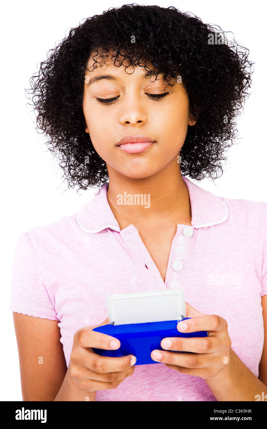 Caucasian teenage girl text messaging isolated over white Stock Photo ...