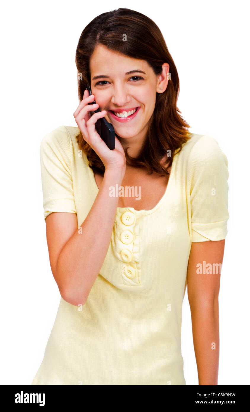 Confident woman talking on a mobile phone isolated over white Stock ...