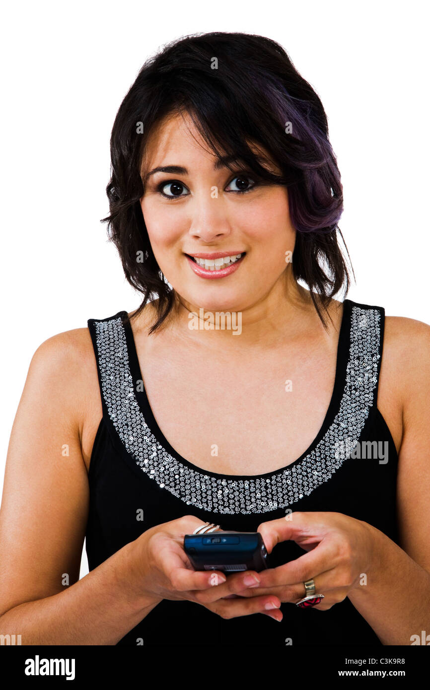 Happy woman text messaging on a mobile phone isolated over white Stock ...