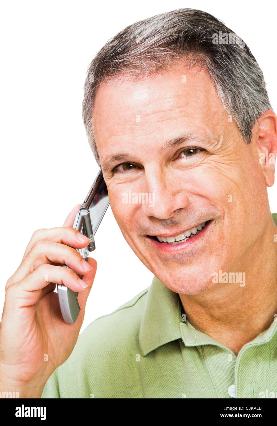 Smiling man talking on a mobile phone isolated over white Stock Photo ...