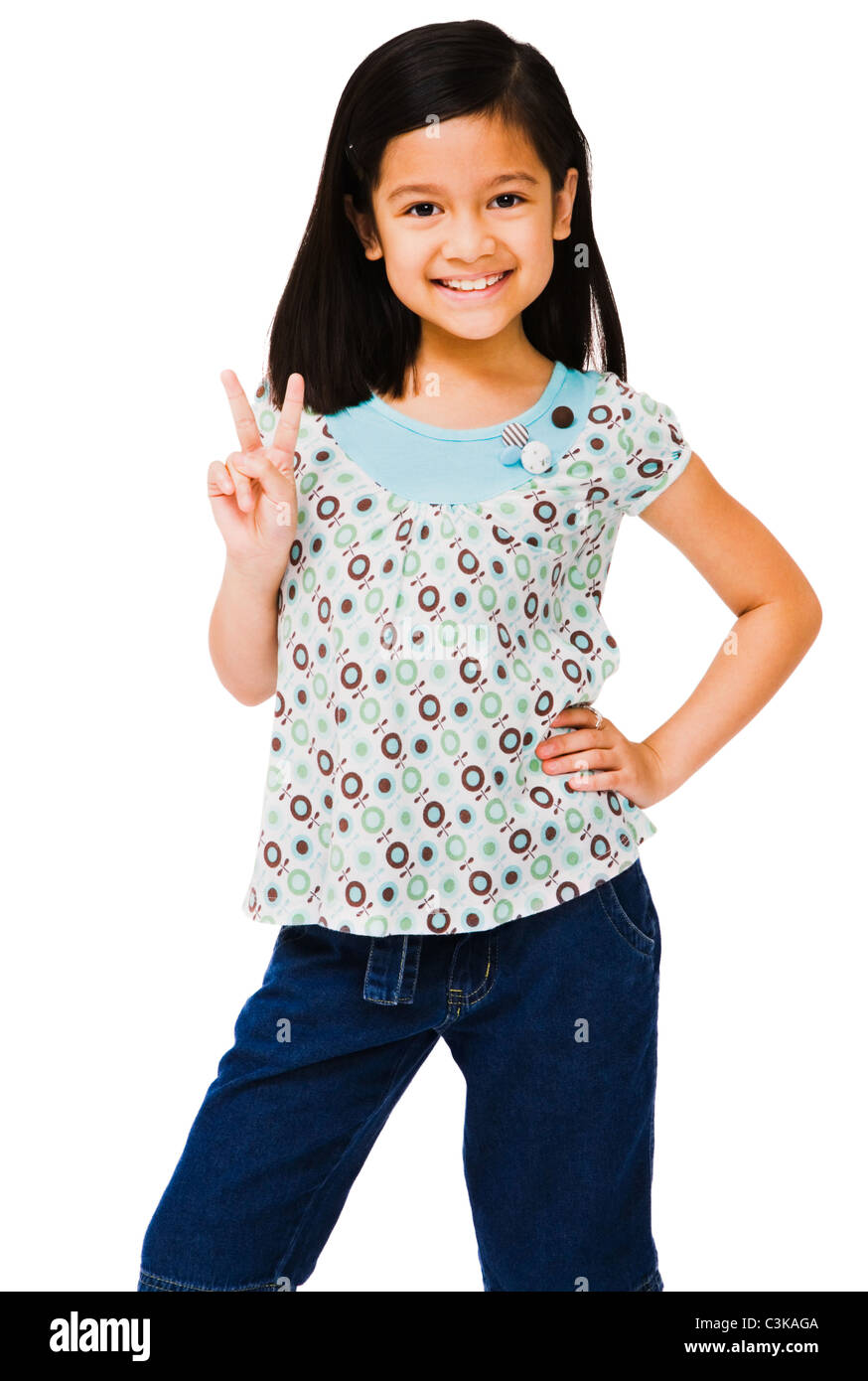 Child showing peace sign and smiling isolated over white Stock Photo ...