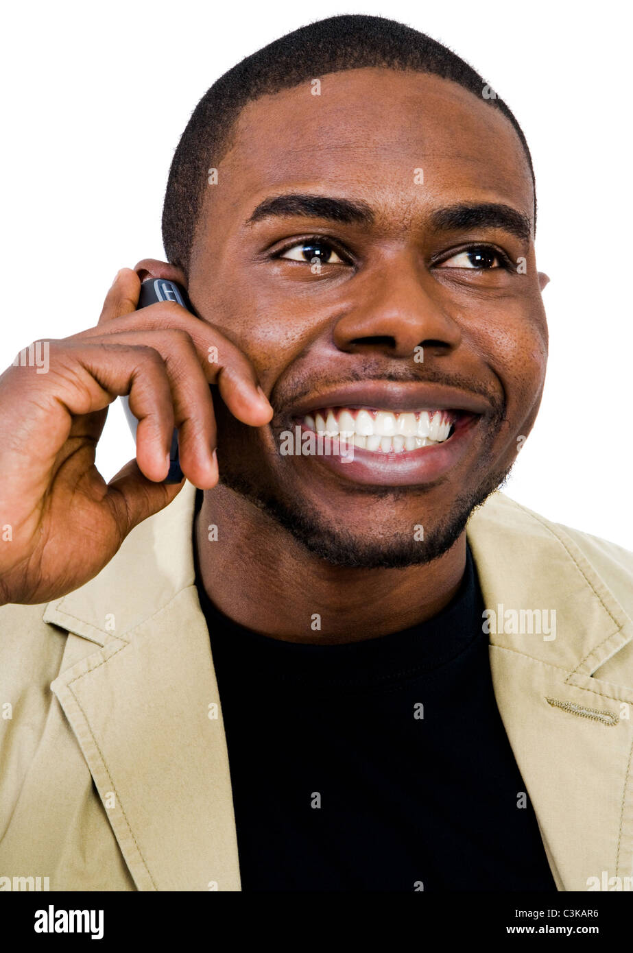 Smiling man talking on a mobile phone isolated over white Stock Photo ...