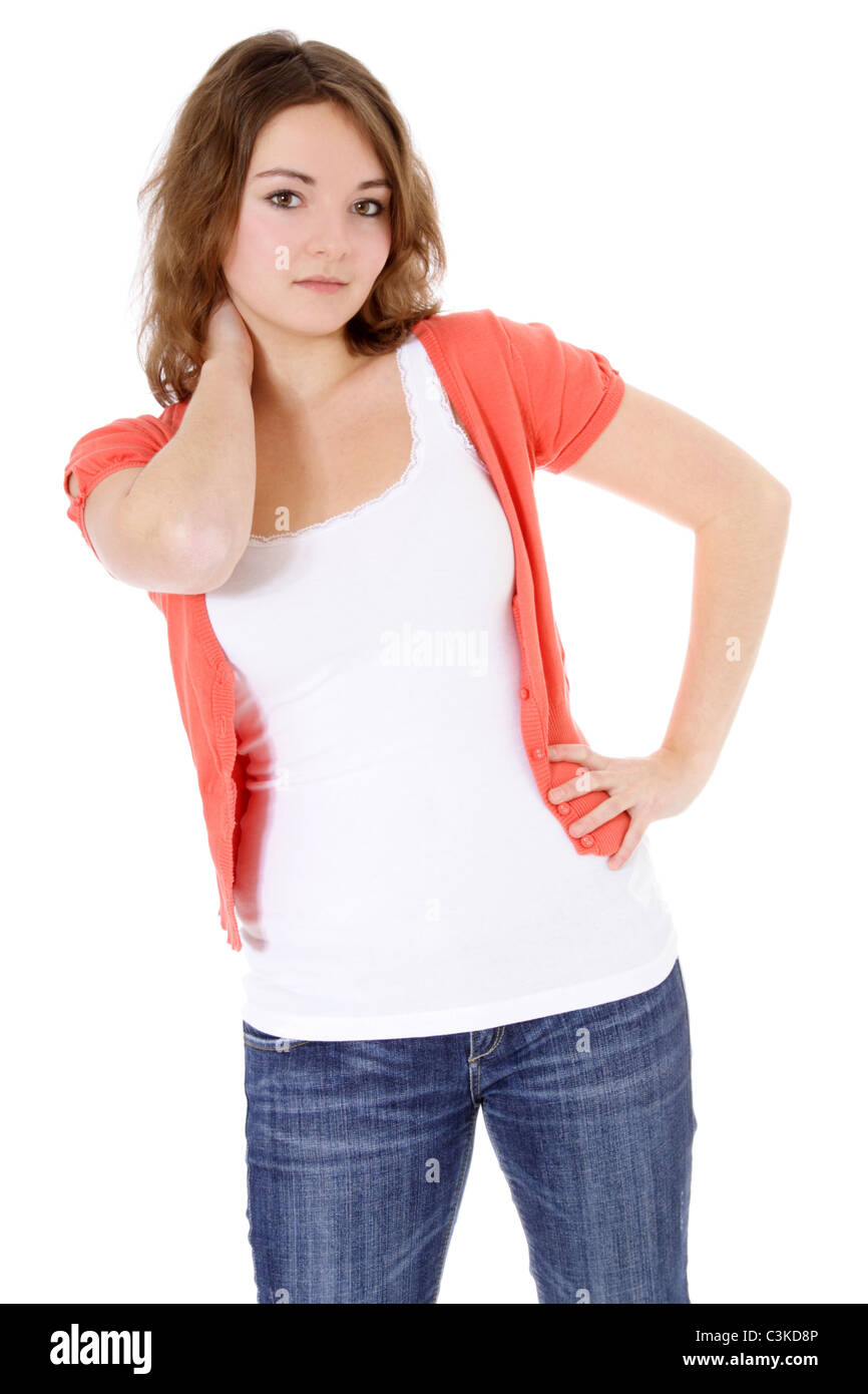 Unconfident looking woman. All on white background Stock Photo - Alamy
