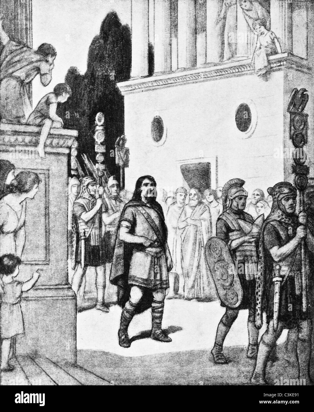 Vintage illustration depicting British chief Caractacus being paraded ...