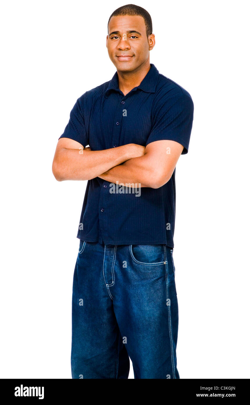 Close-up of a mid adult man posing and smiling isolated over white ...