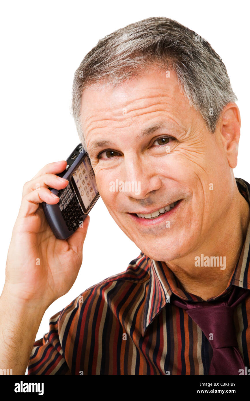 Smiling businessman talking on a mobile phone isolated over white Stock ...