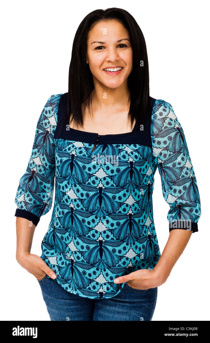 Fashion model posing and smiling isolated over white Stock Photo - Alamy