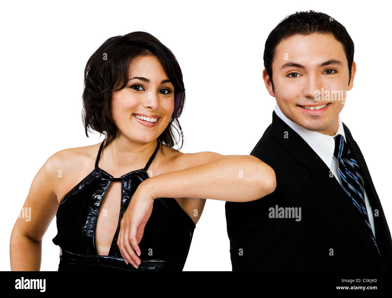 Latin American couple posing together and smiling isolated over white ...