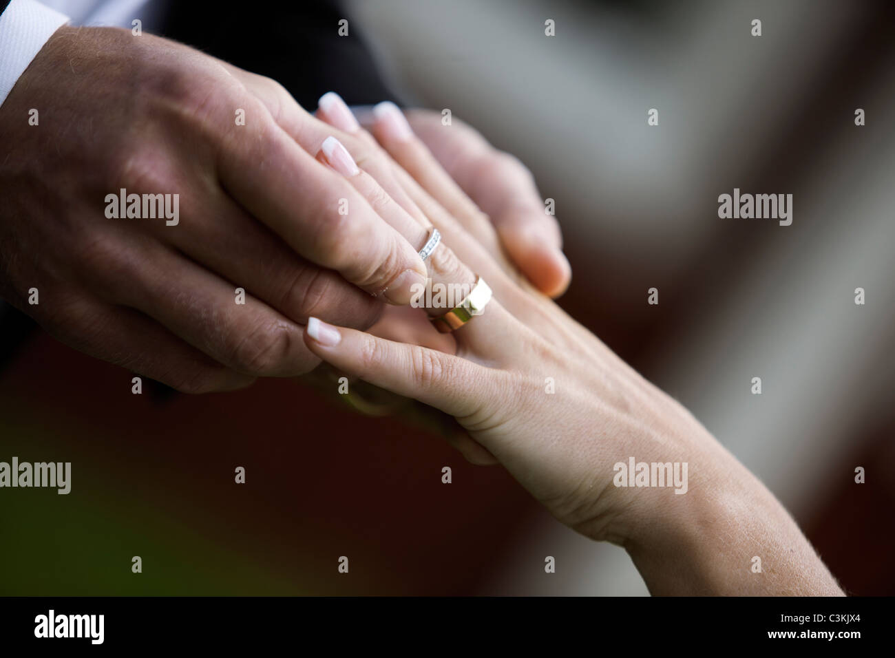 Bridegroom and bride putting on rings Stock Photo - Alamy