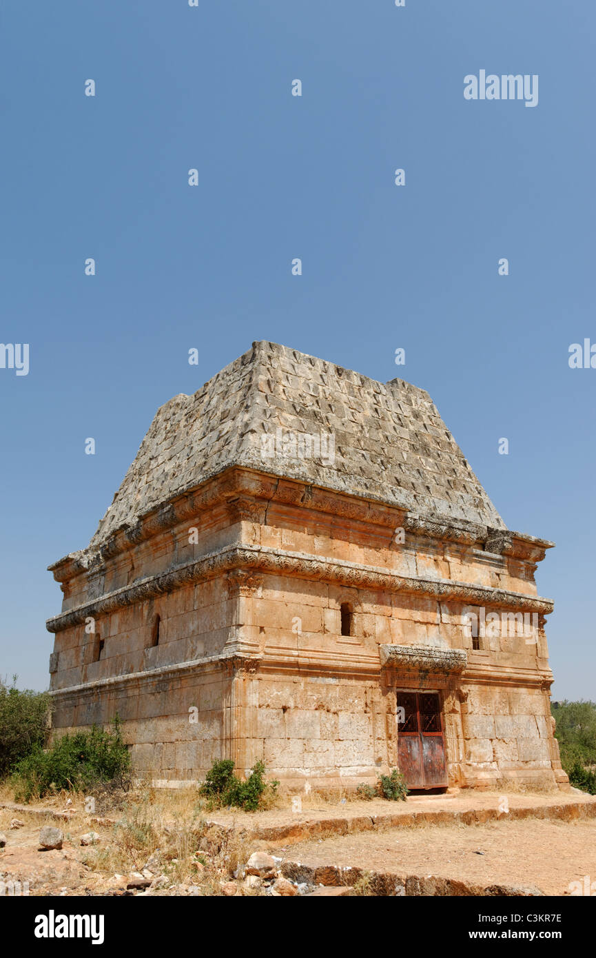 View the front of the larger of the two monumental pyramid tombs at the ...