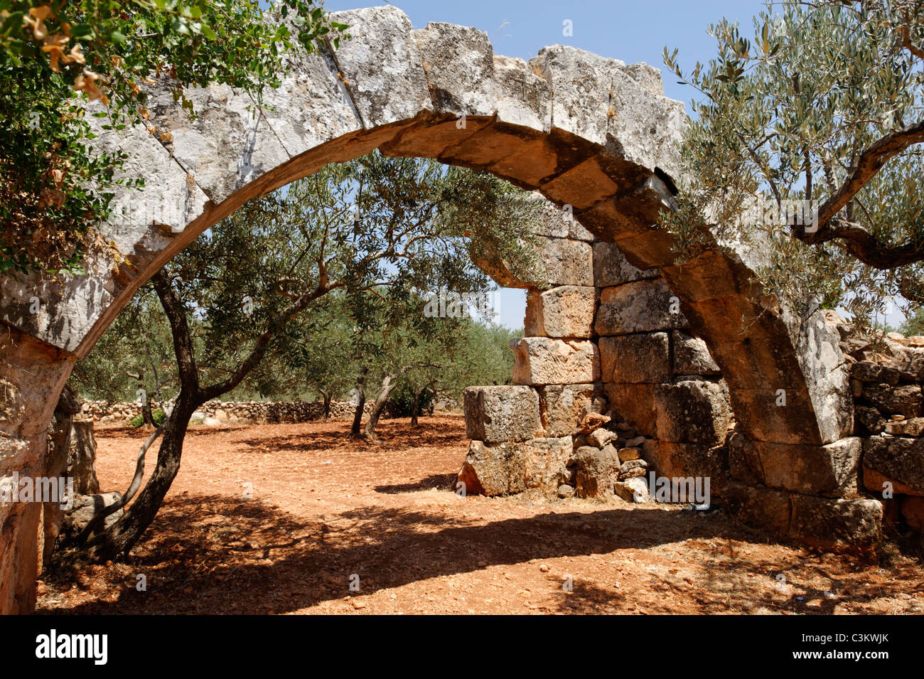 View of a stone arch that once held up the ceiling of a building at the ...