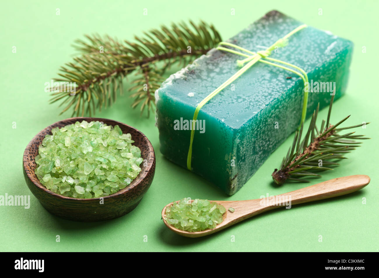 Pine soap with sea-salt and branch of pine Stock Photo - Alamy