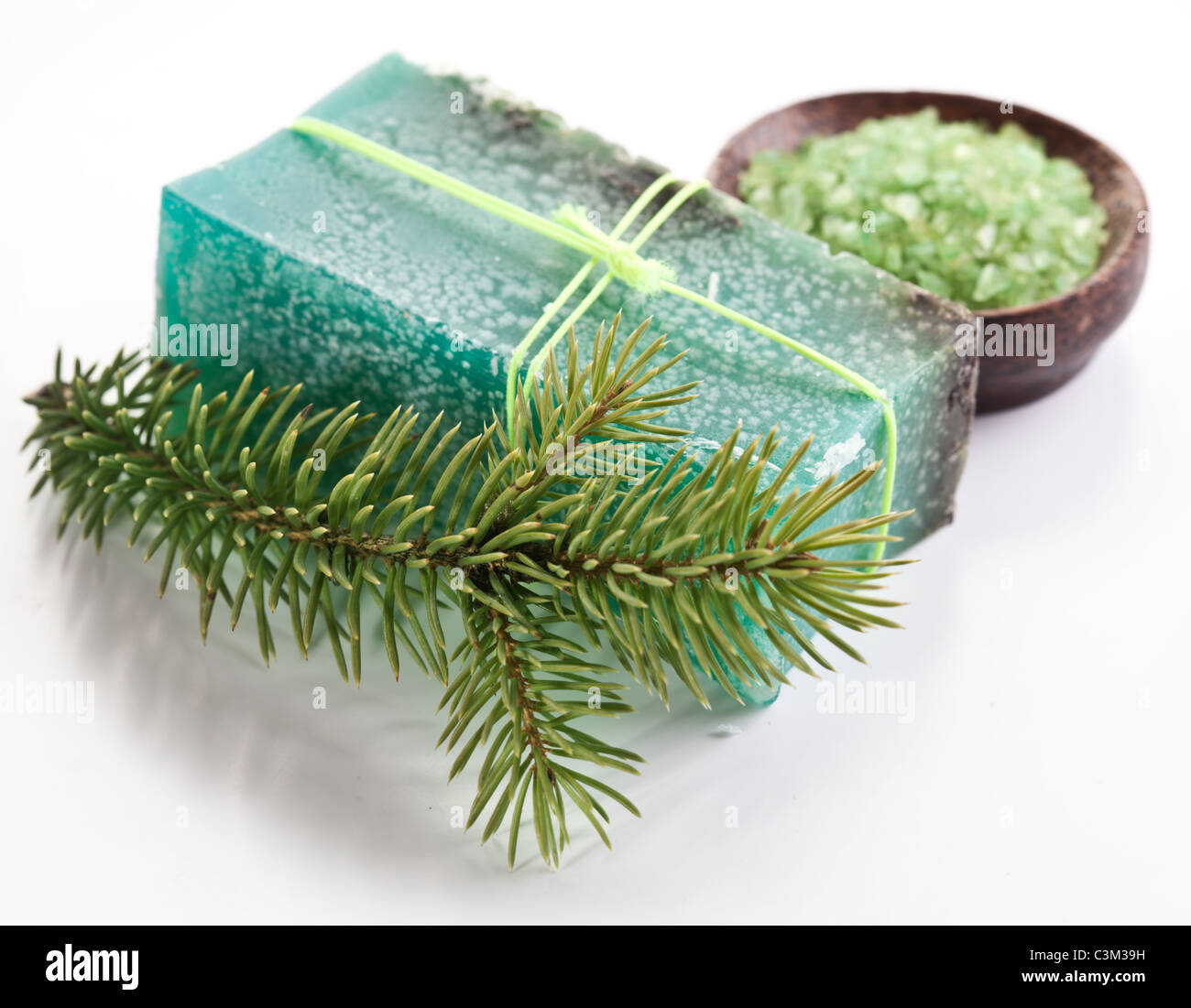 Pine soap with sea-salt and branch of pine Stock Photo - Alamy