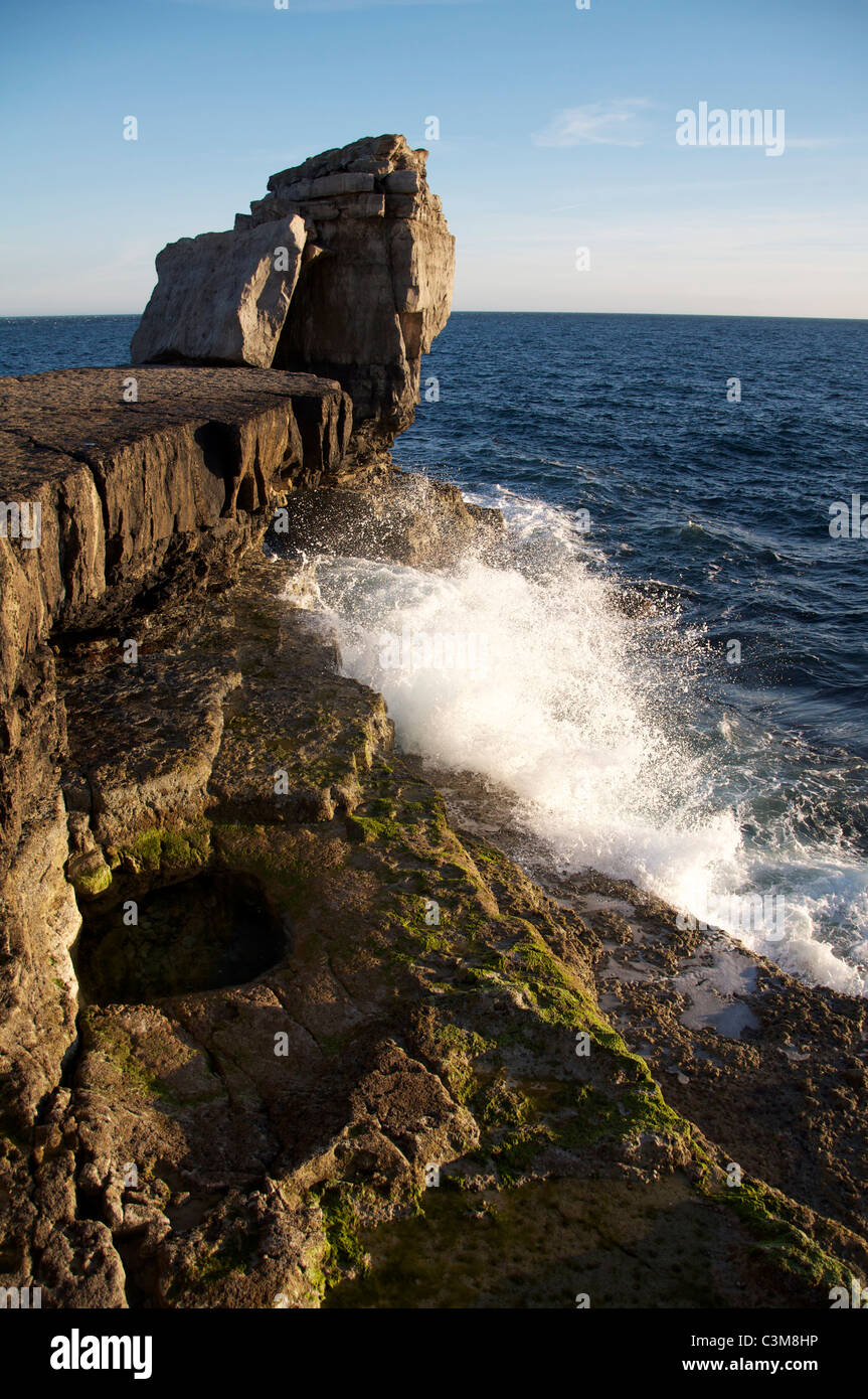Pulpit Rock in a stormy sea. This massive limestone stack stands just ...