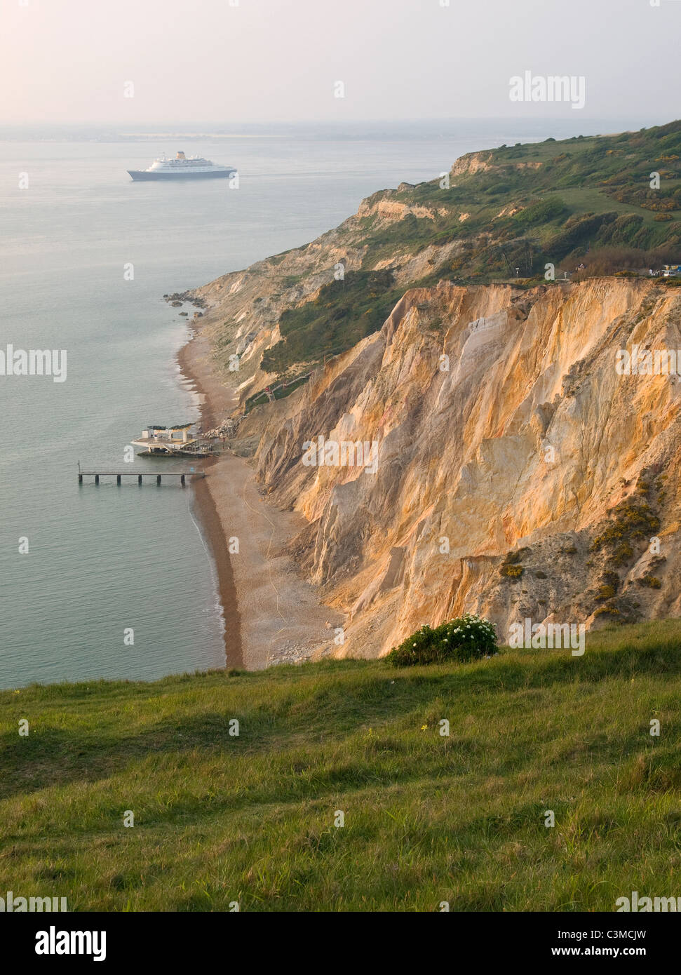 Alum Bay Isle of Wight England UK with cruise ship Saga Ruby passing in ...