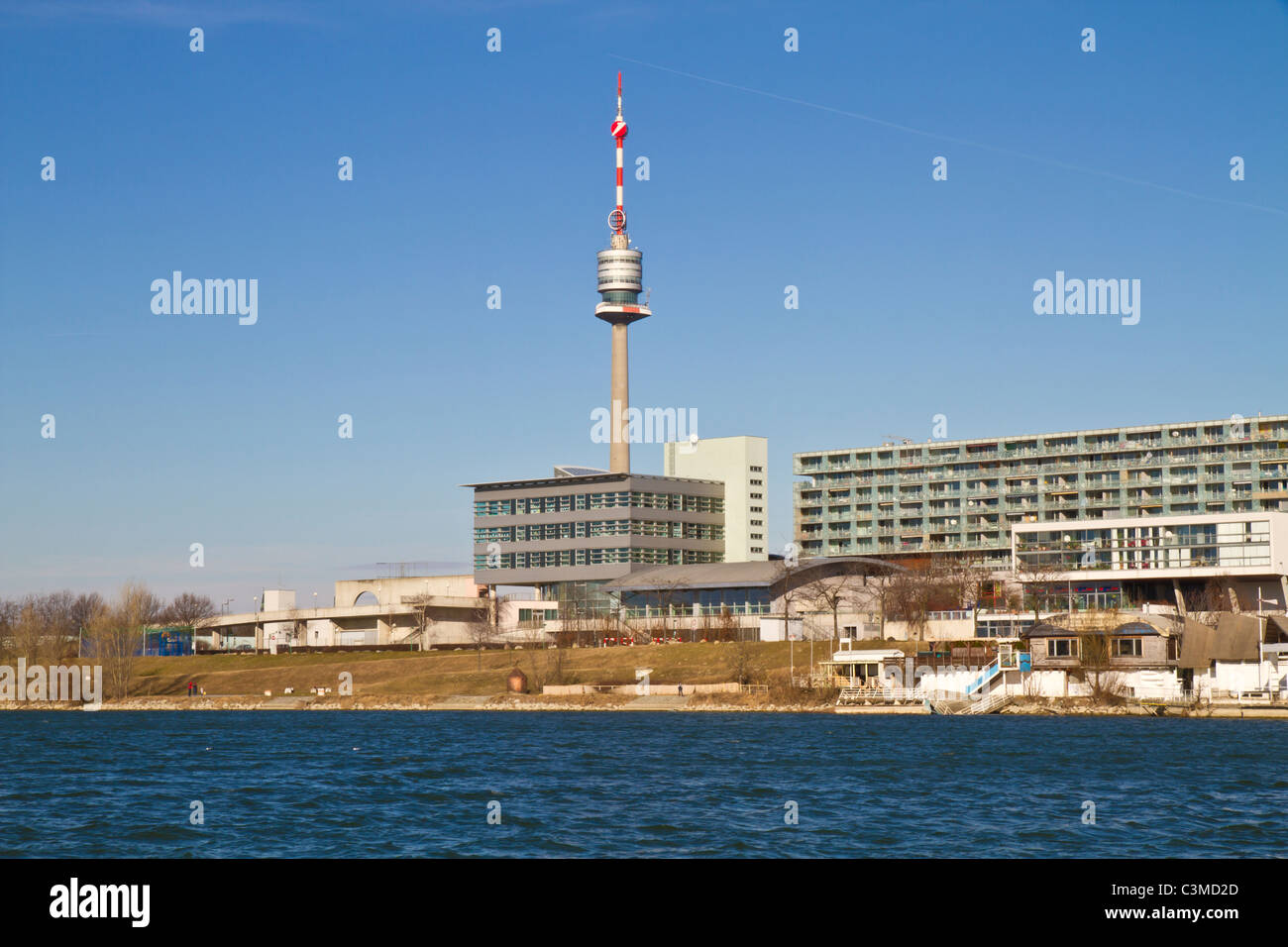 Austria, Vienna, Donauturm, View of Danube river with tower in ...