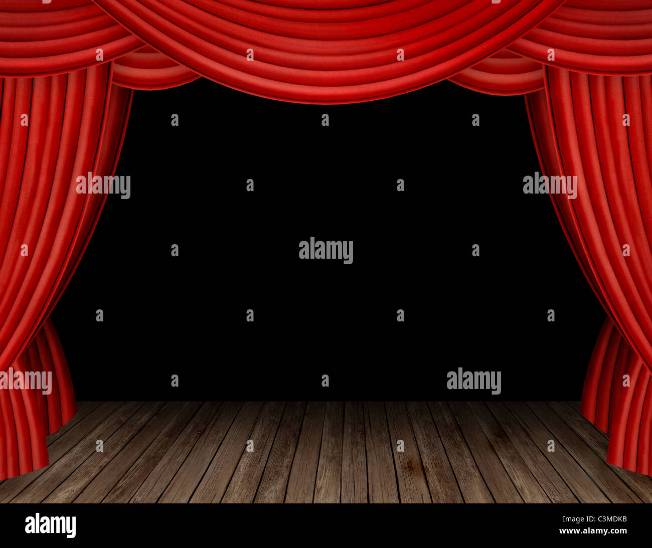 Large red curtain stage opening with black background Stock Photo - Alamy