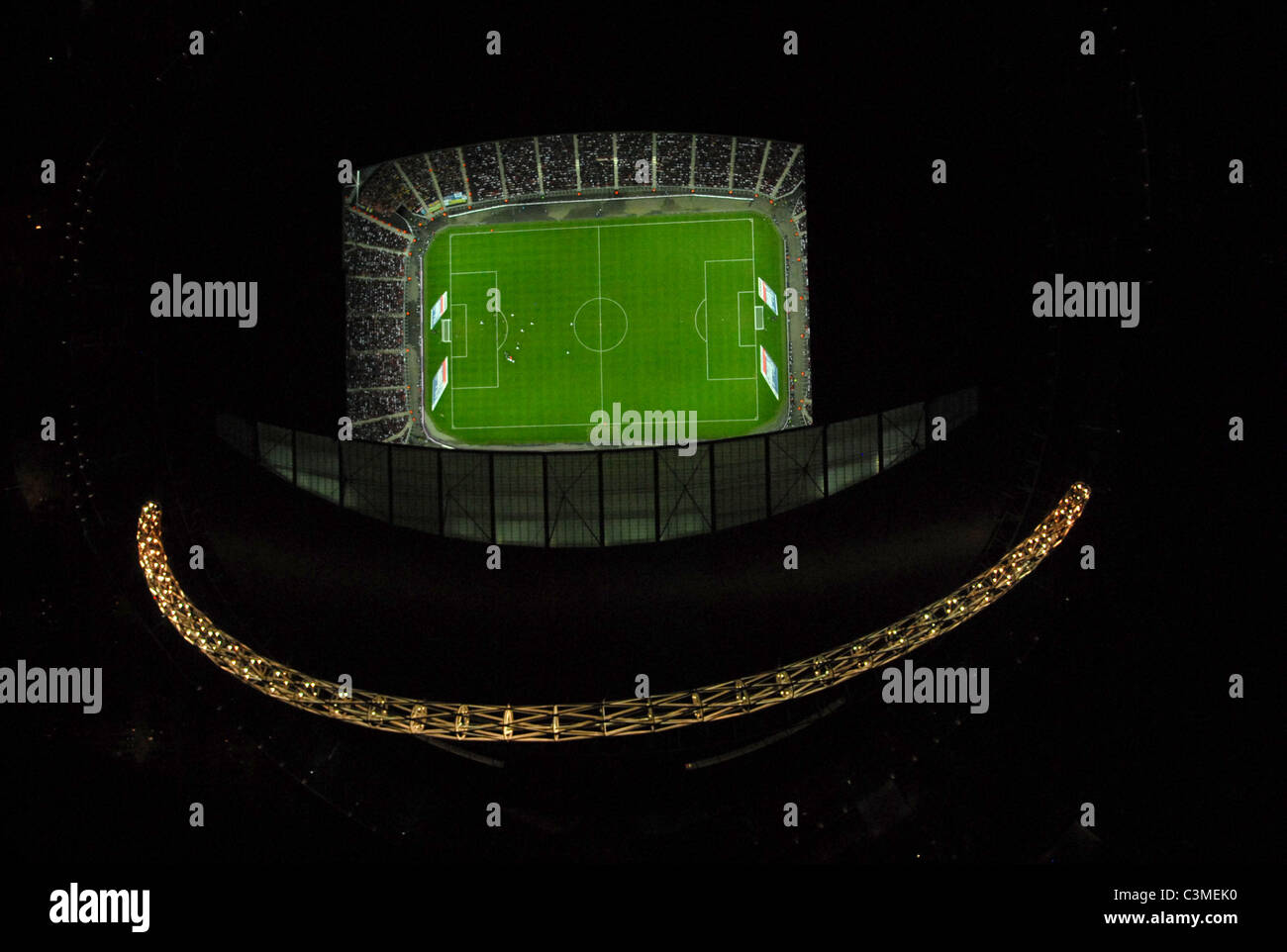 Wembley stadium at night photographed directly from above showing the ...