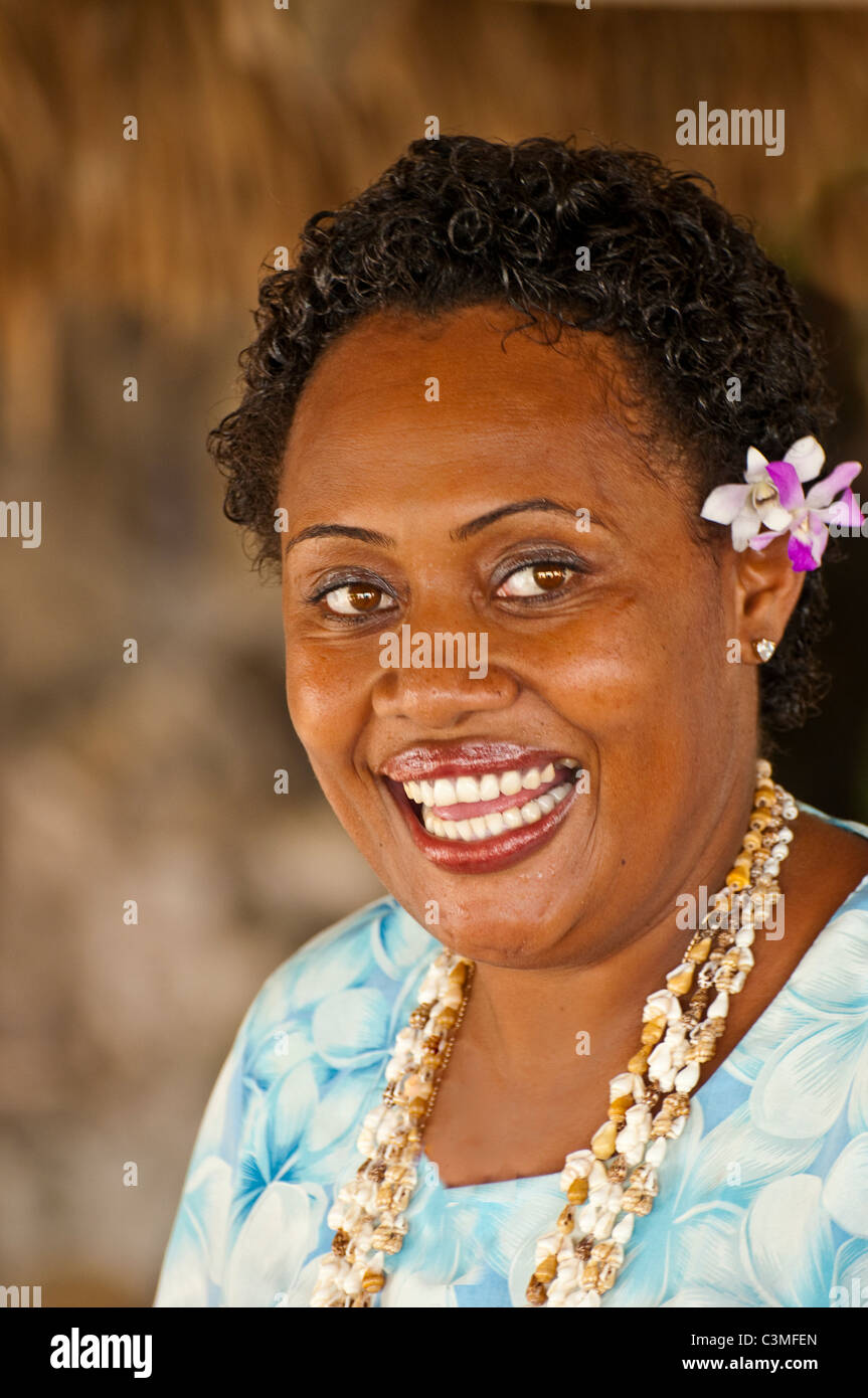 Happy Locall Fijian woman greets guests at Castaways Resort, Qualito ...