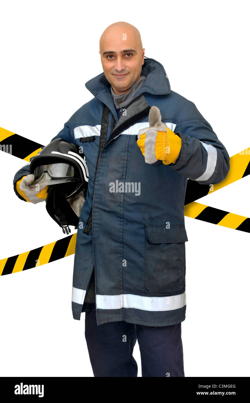 Fireman in uniform isolated in white Stock Photo - Alamy