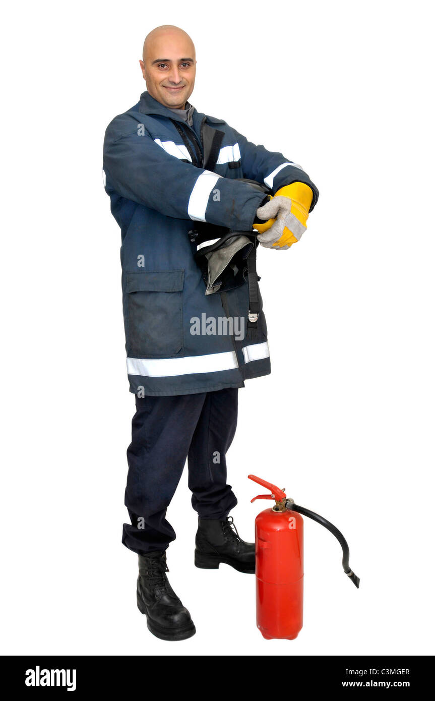 Fireman in uniform isolated in white Stock Photo - Alamy