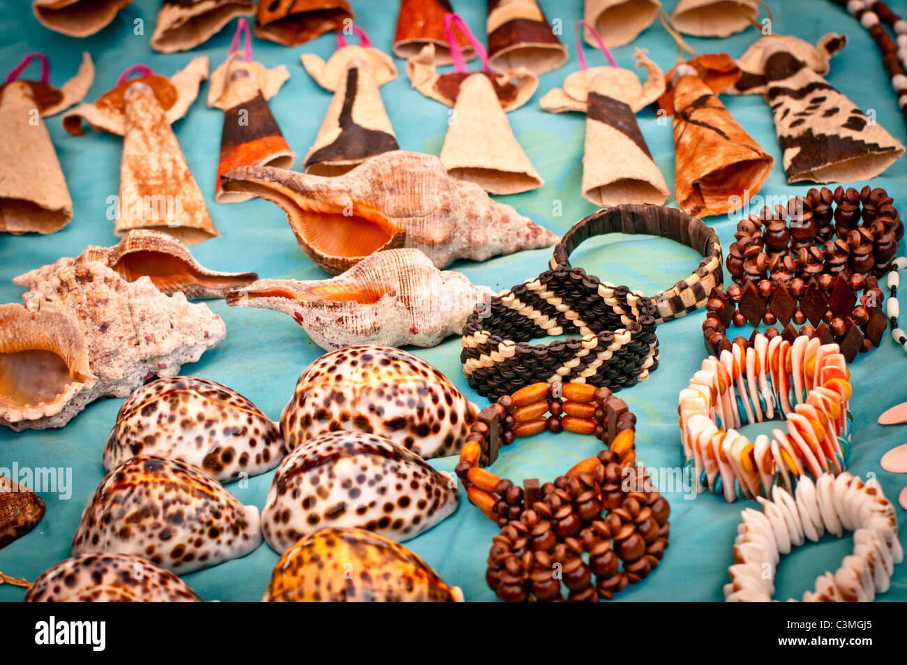 Handicrafts and shells sold to visitors in Yalobi Village, Waya Island ...