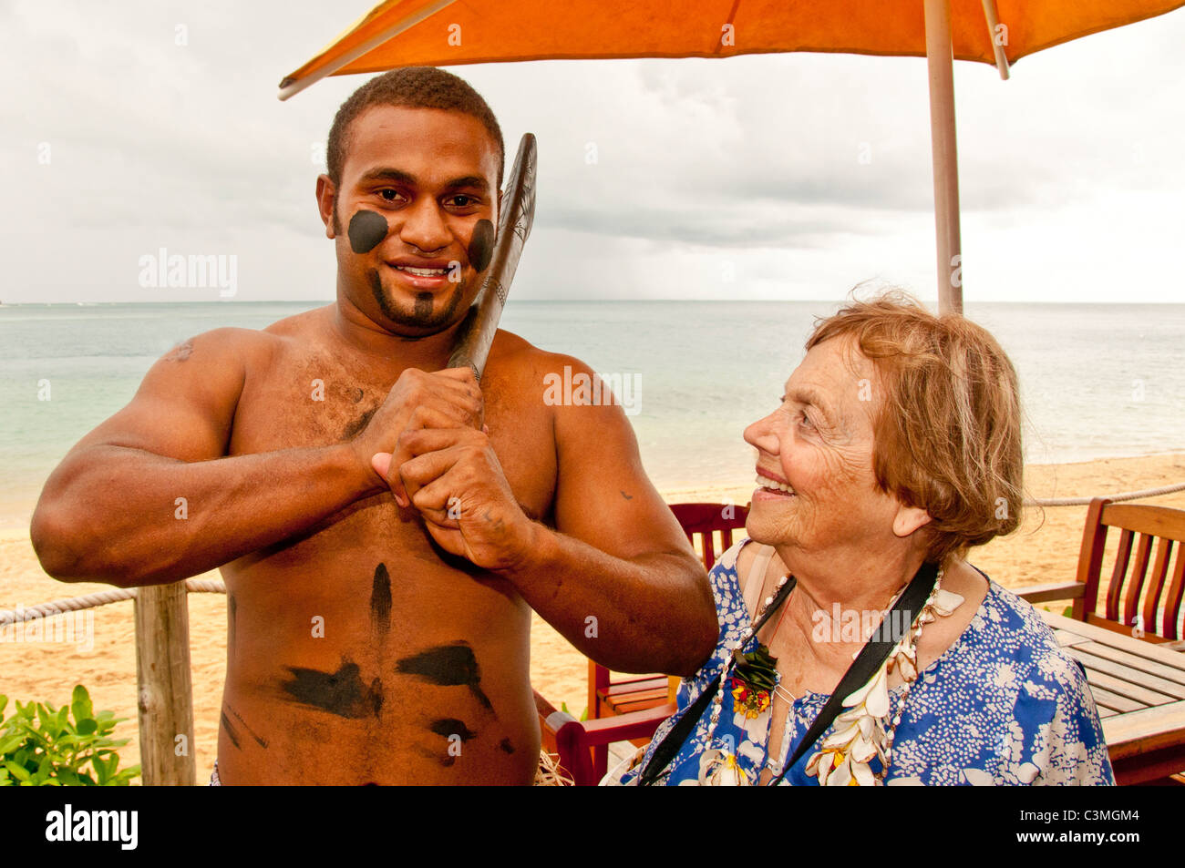 Traditional Fijian Warrior greeting guest a Five Star, Likuliku Lagoon ...
