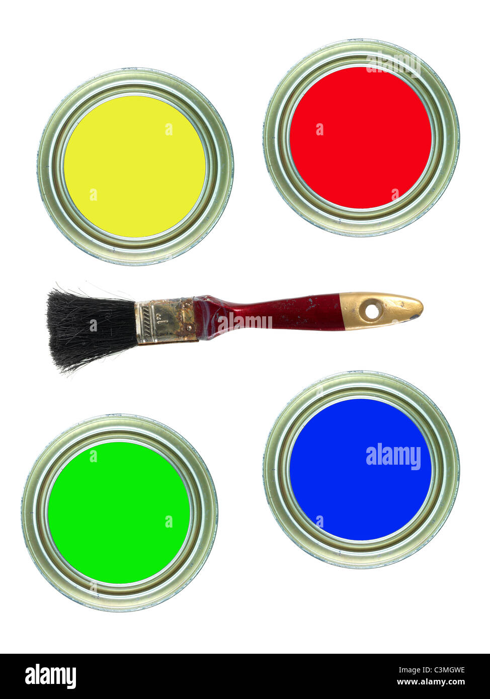 Tins of paint isolated against a white background Stock Photo - Alamy