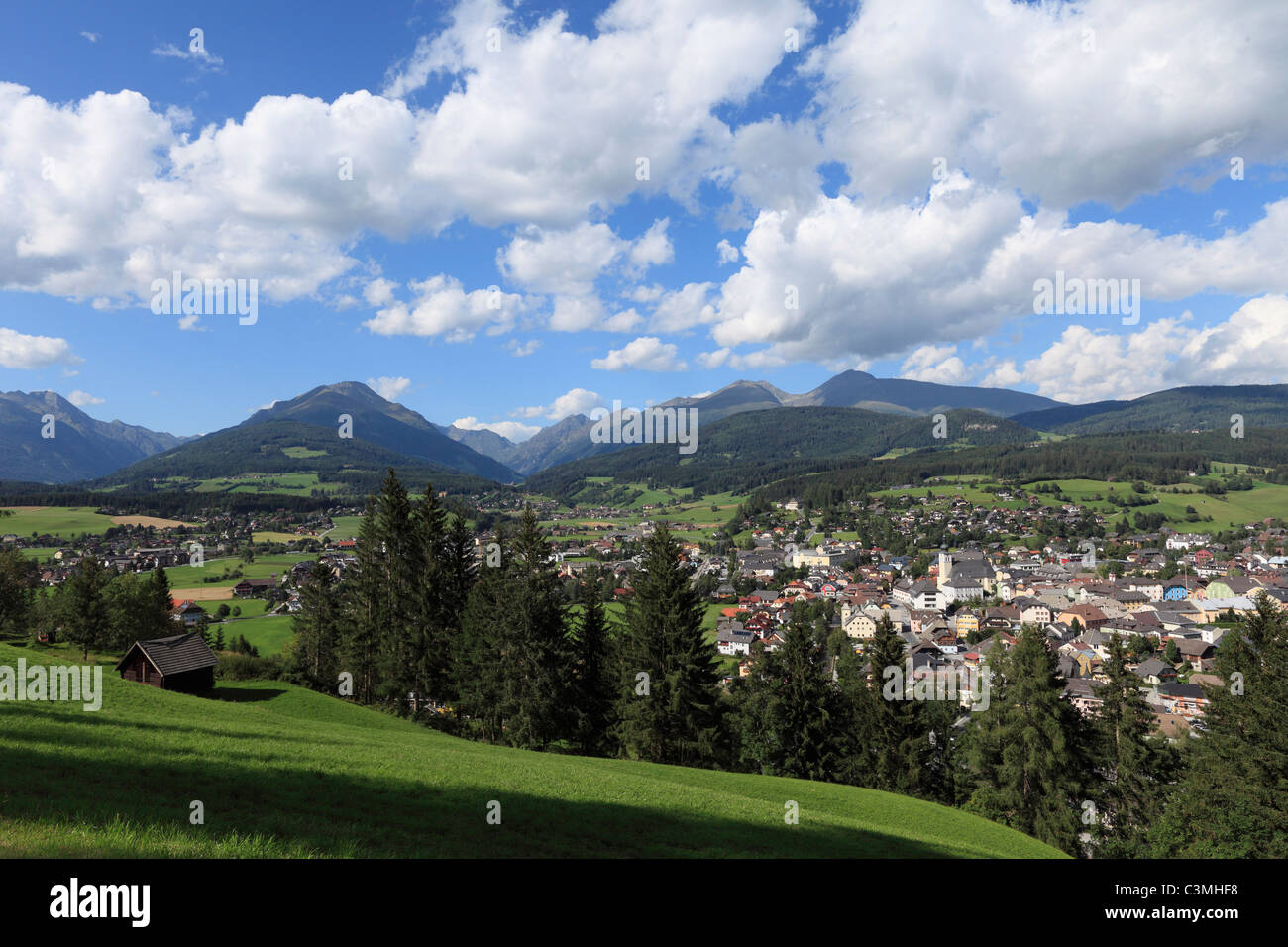 Austria, Salzburg, Lungau, Tamsweg, View of mountains with village ...