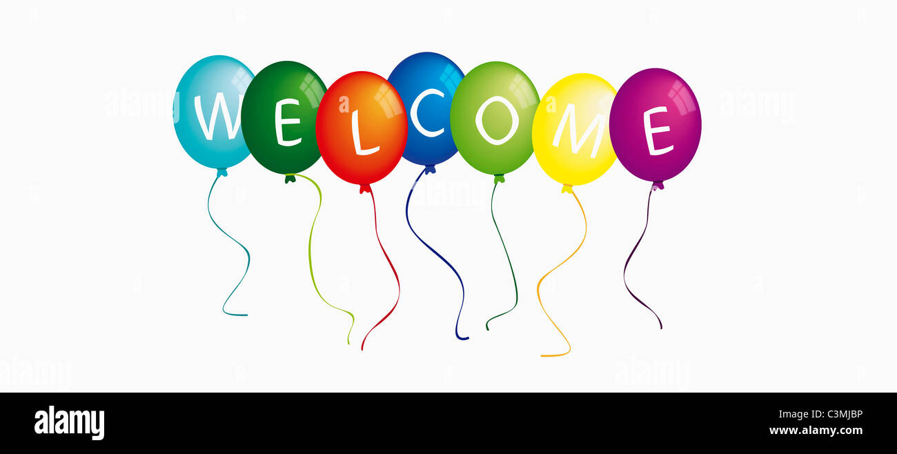 Text welcome on colorful balloons against white background Stock Photo ...