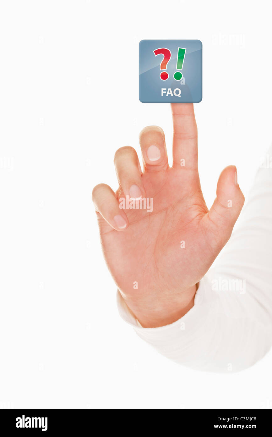 Human hand touching FAQ icon Stock Photo - Alamy
