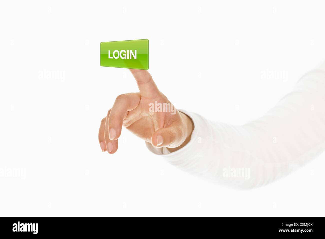 Human hand touching login button Stock Photo - Alamy