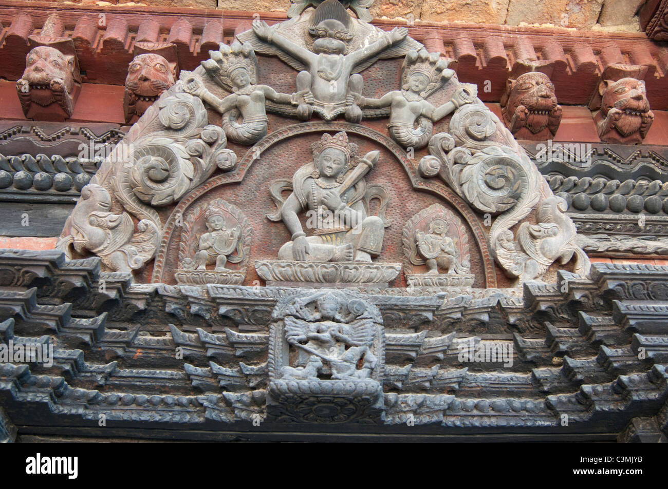 Detail of a carved roof inside the Malla Royal Palace on Mul Chowk ...