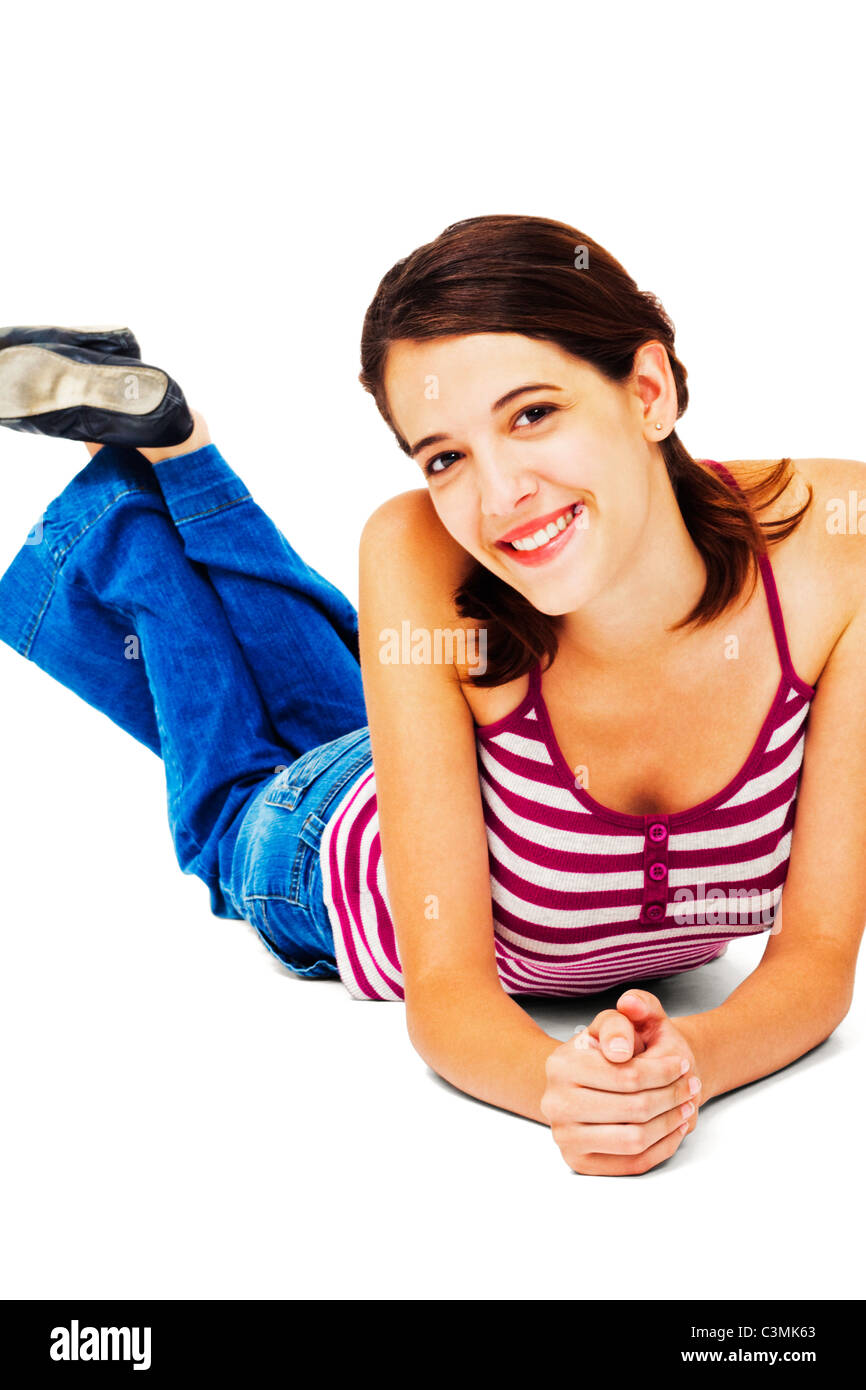 Fashion model posing and smiling isolated over white Stock Photo - Alamy