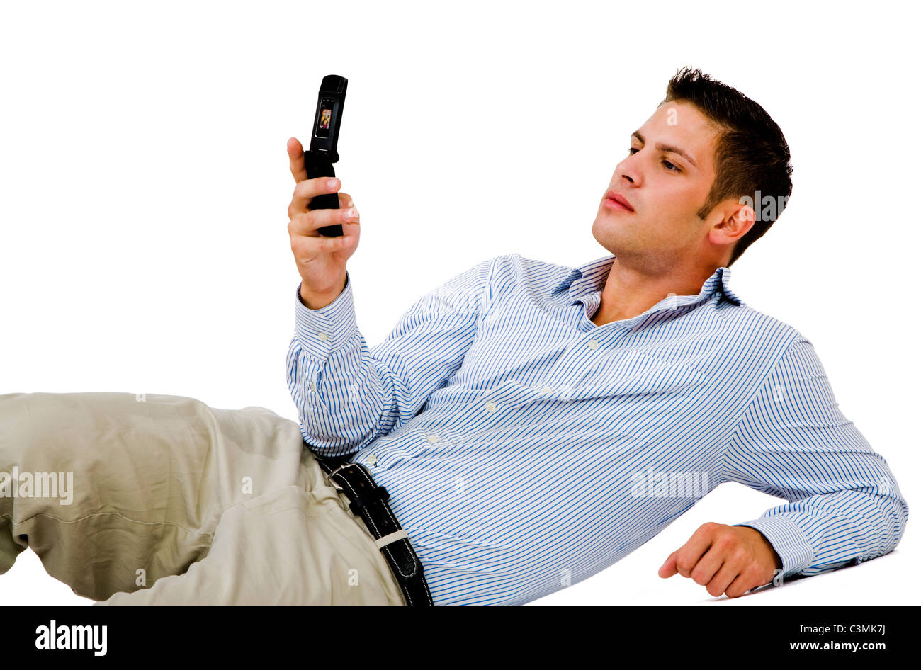 Man text messaging on a mobile phone isolated over white Stock Photo ...