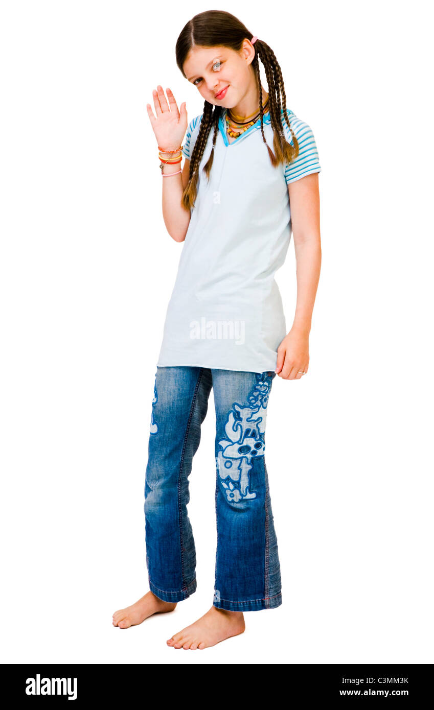 Child waving her hand and smiling isolated over white Stock Photo - Alamy