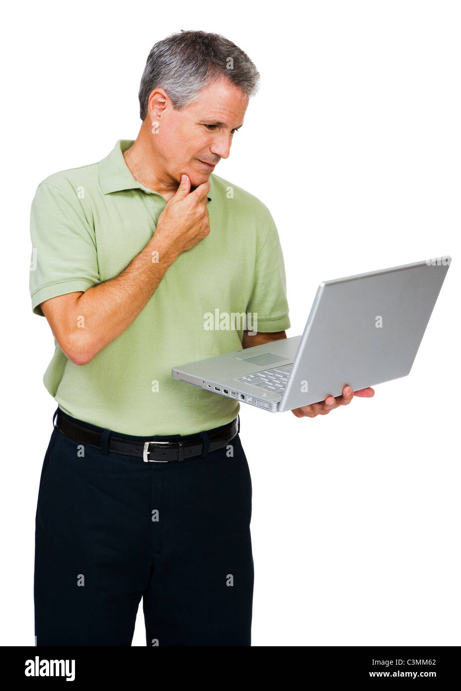 Thinking man using a laptop isolated over white Stock Photo - Alamy