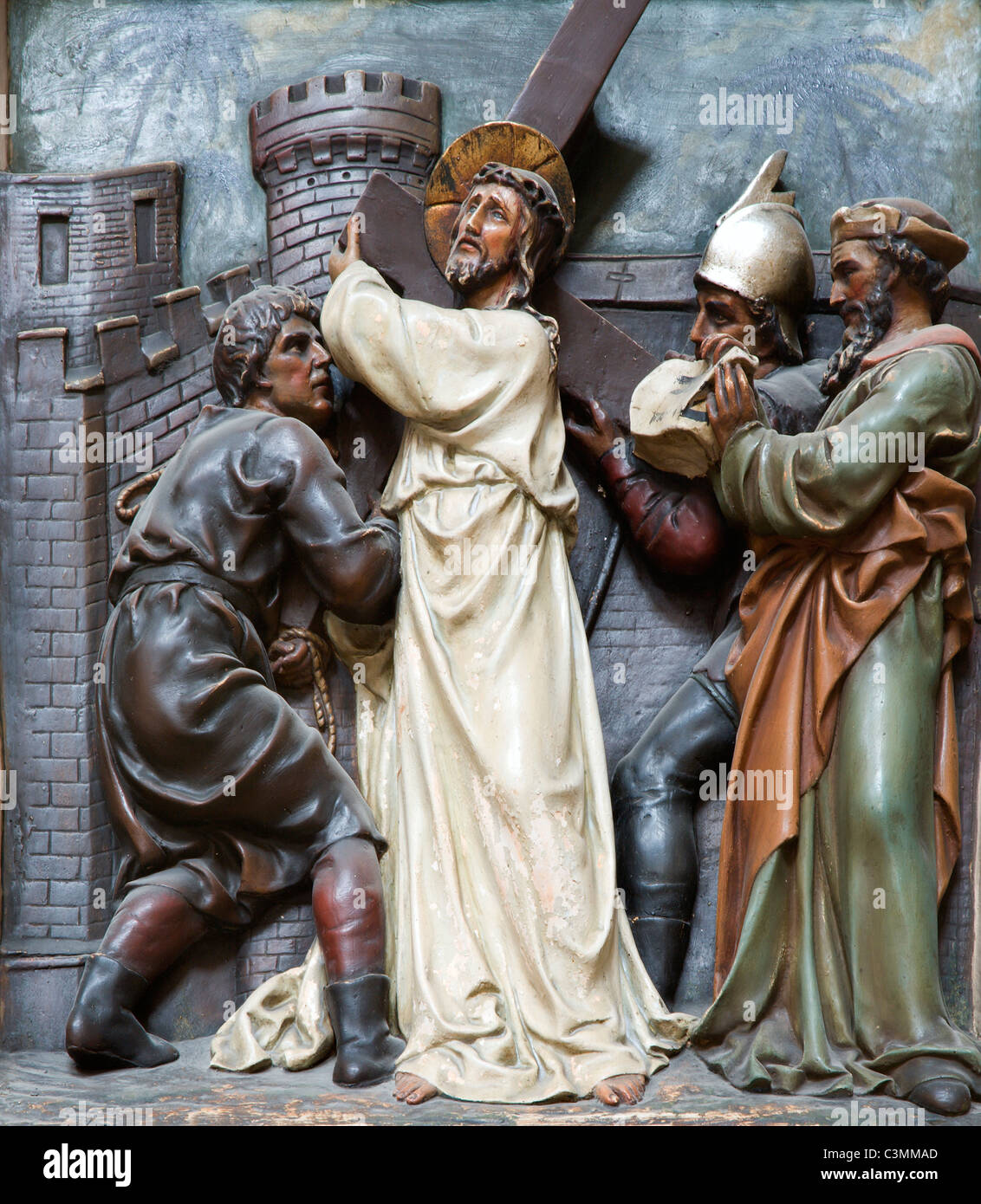 Vienna - relief Christ fall under the cross and from st. Francis church ...